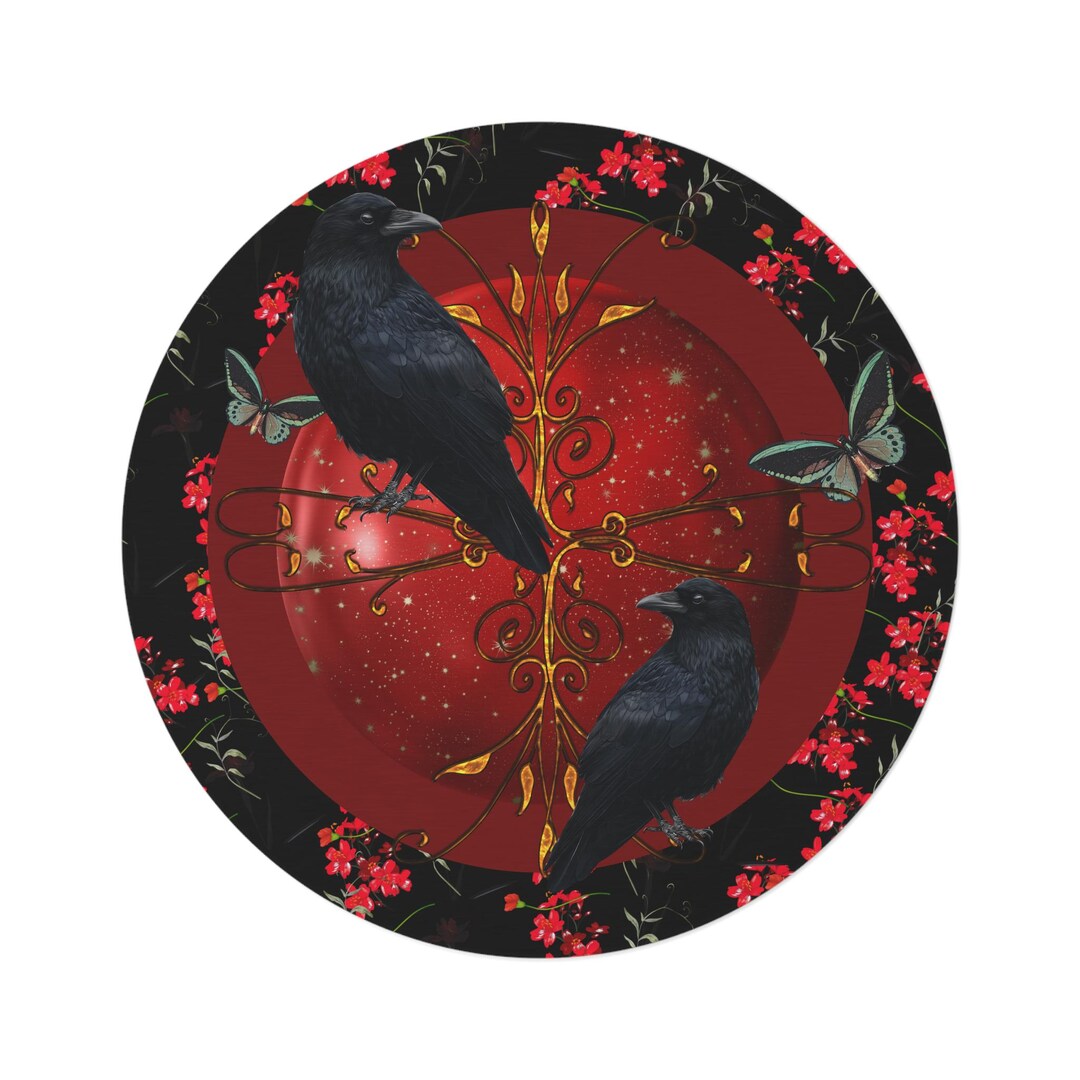 2 Ravens Red and Black Gothcore Round Rug, Gothic Corvid Design, Witchy ...
