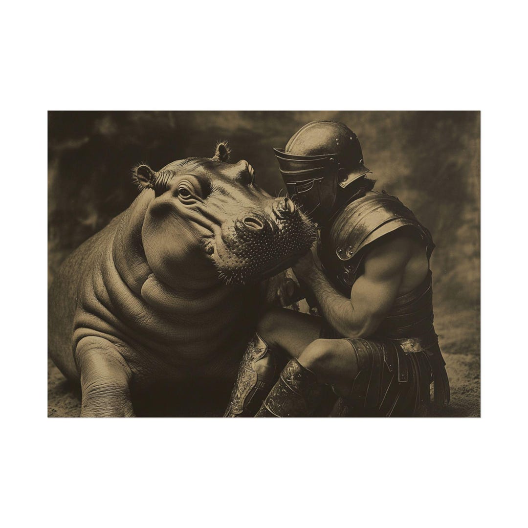 Vintage Hippo and Gladiator Rolled Poster, Wall Art for Animal Lovers ...