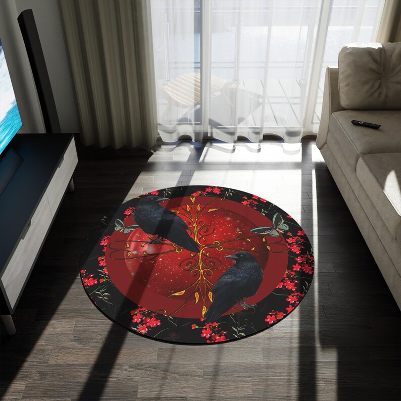 2 Ravens Red and Black Gothcore Round Rug, Gothic Corvid Design, Witchy ...