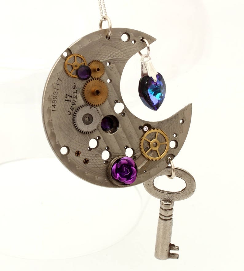 Steampunk Crescent Moon Pendant With Patterned Vintage Watch | Etsy