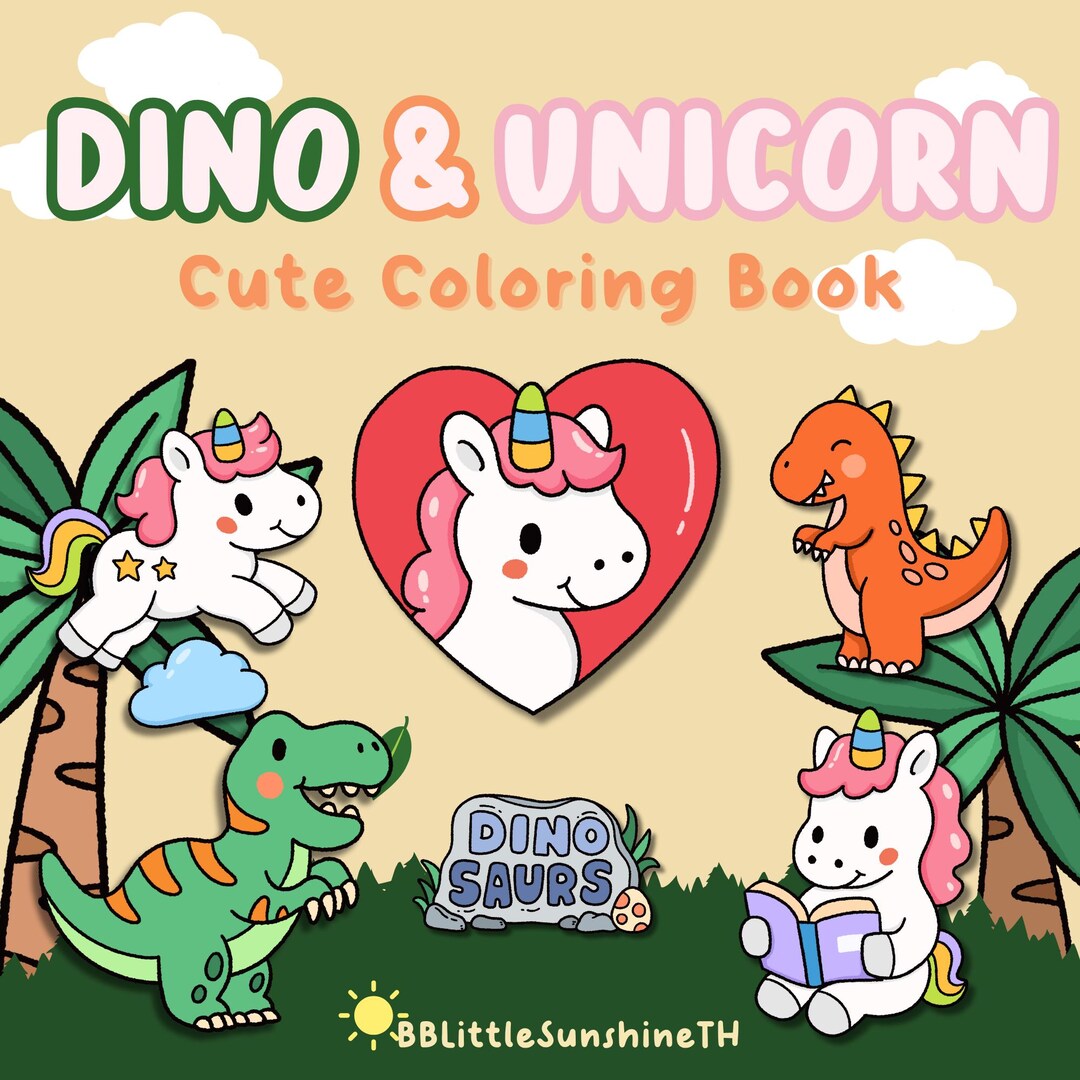 Cute Dinosaur and Unicorn Coloring Pages for Kids | 40-page Printable ...