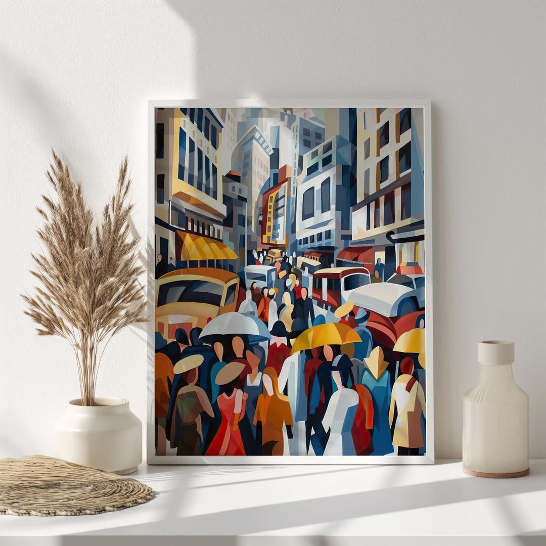 Abstract City Street Scene Art | Vibrant Urban Life, Geometric People ...
