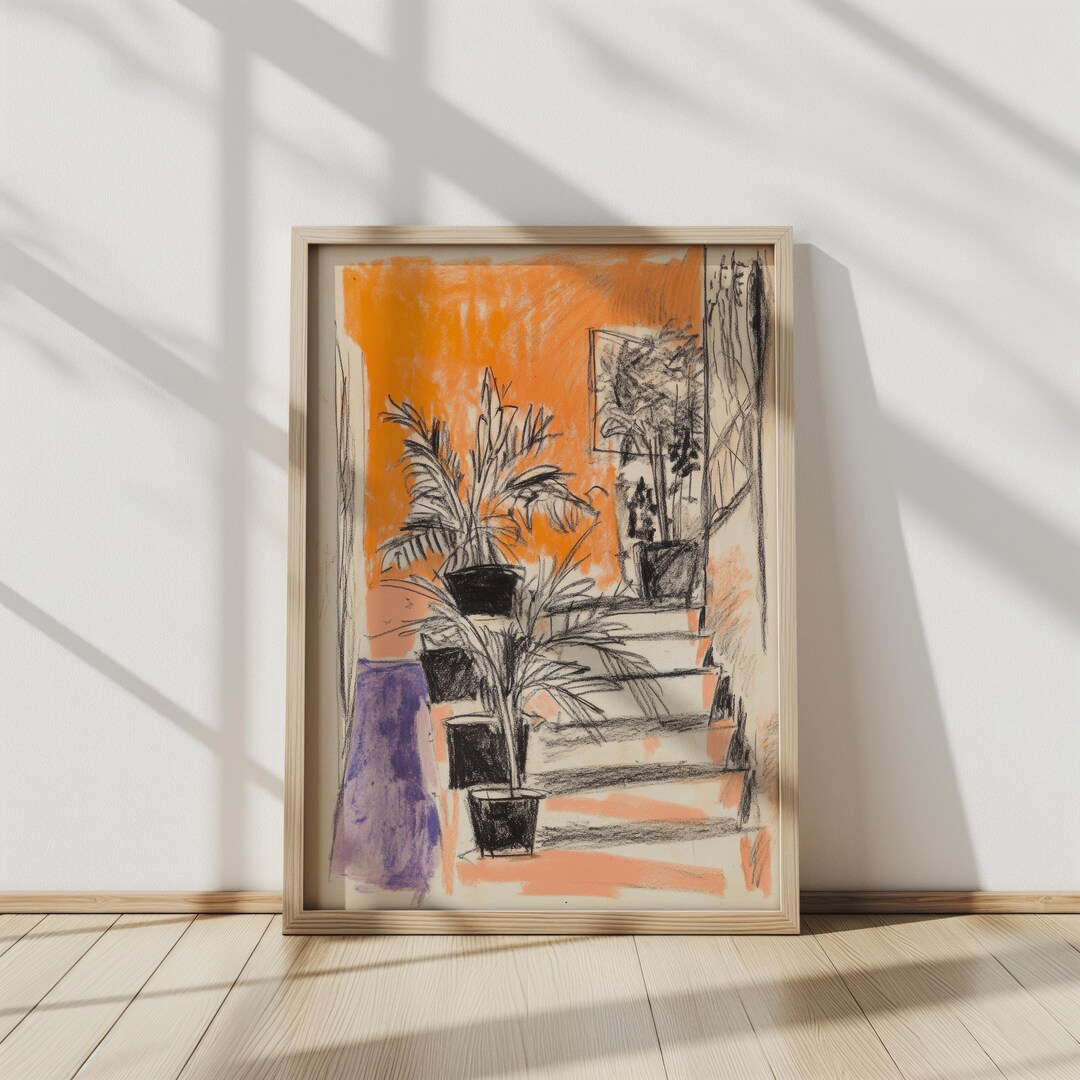 Steps of Verdure | Bold Indoor Plant Sketch in Orange & Black, Modern ...