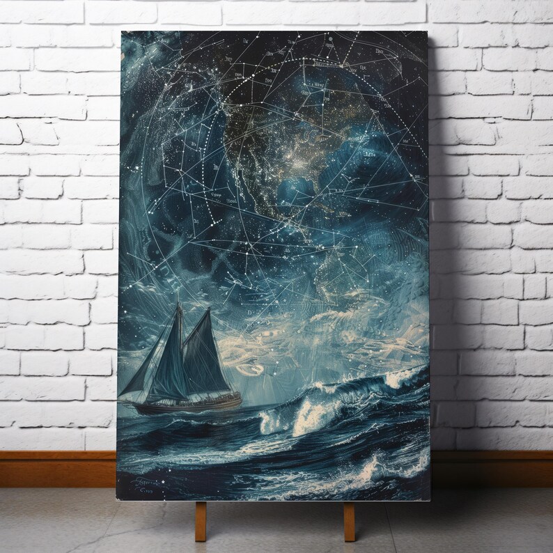 Nautical Night Sky Constellation Art | Cosmic Sailboat Print, Celestial ...