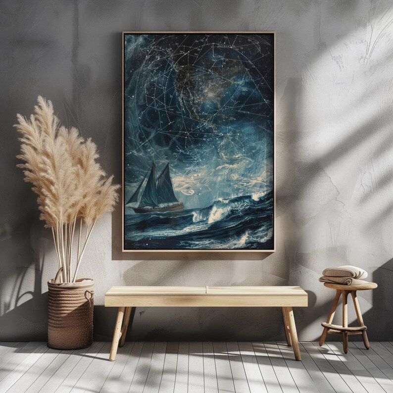 Nautical Night Sky Constellation Art | Cosmic Sailboat Print, Celestial ...