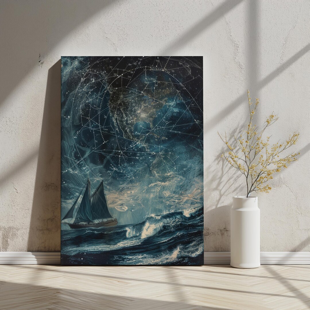Nautical Night Sky Constellation Art | Cosmic Sailboat Print, Celestial ...