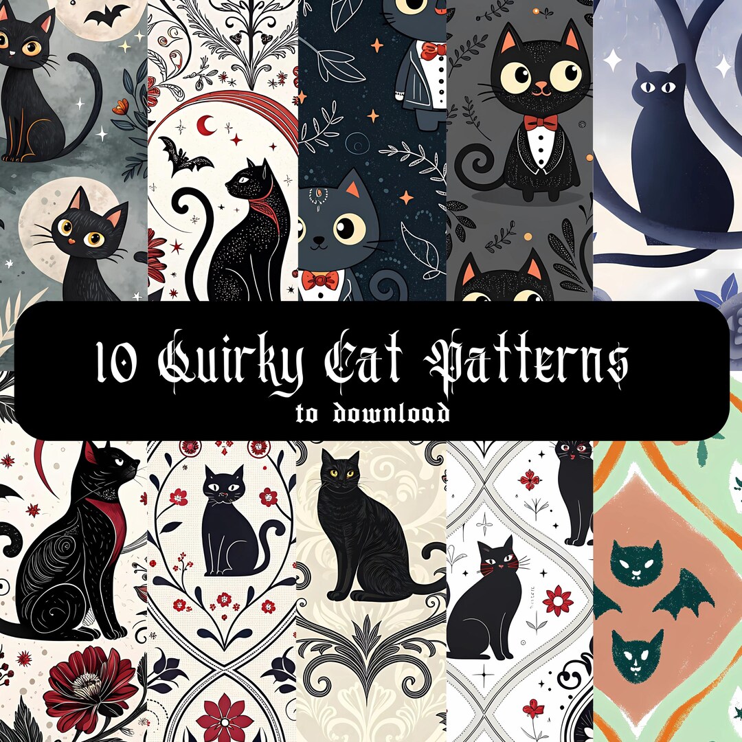 10 Black Cat Seamless Patterns: Quirky Gothic Designs (digital Download ...