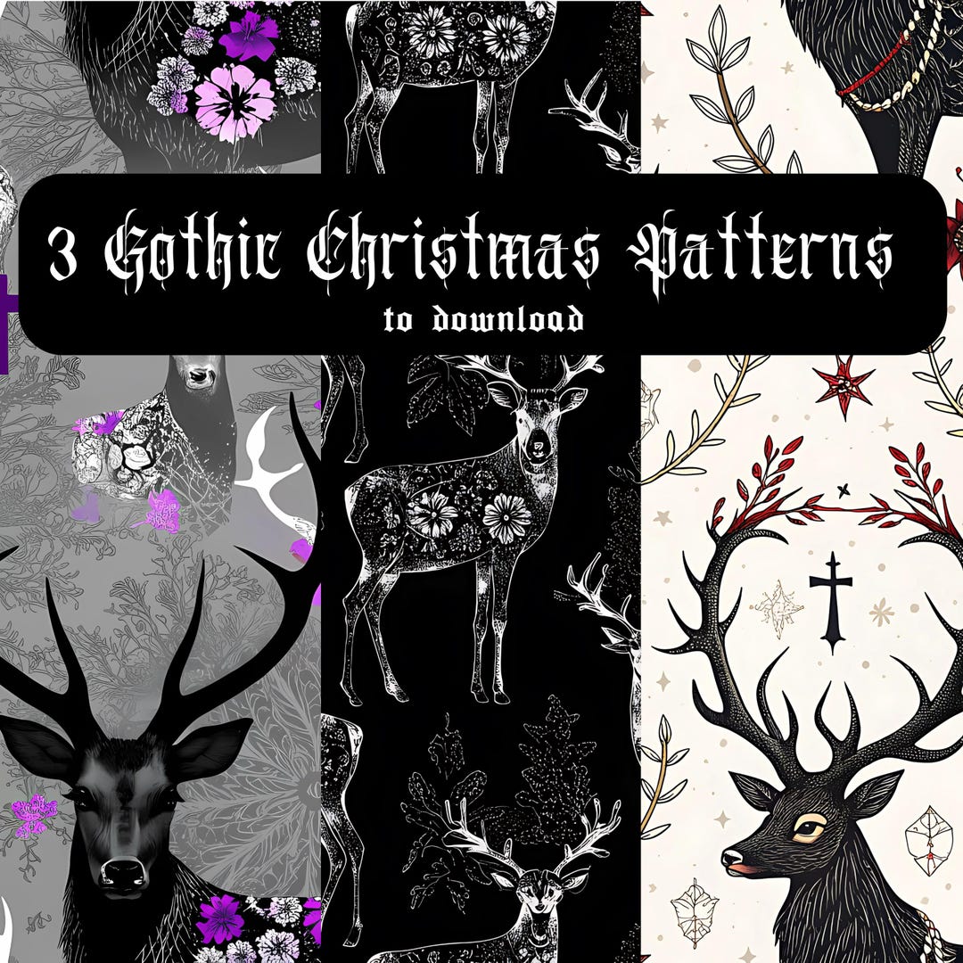 3 Gothic Reindeer Christmas Seamless Patterns Dark Holiday Digital ...