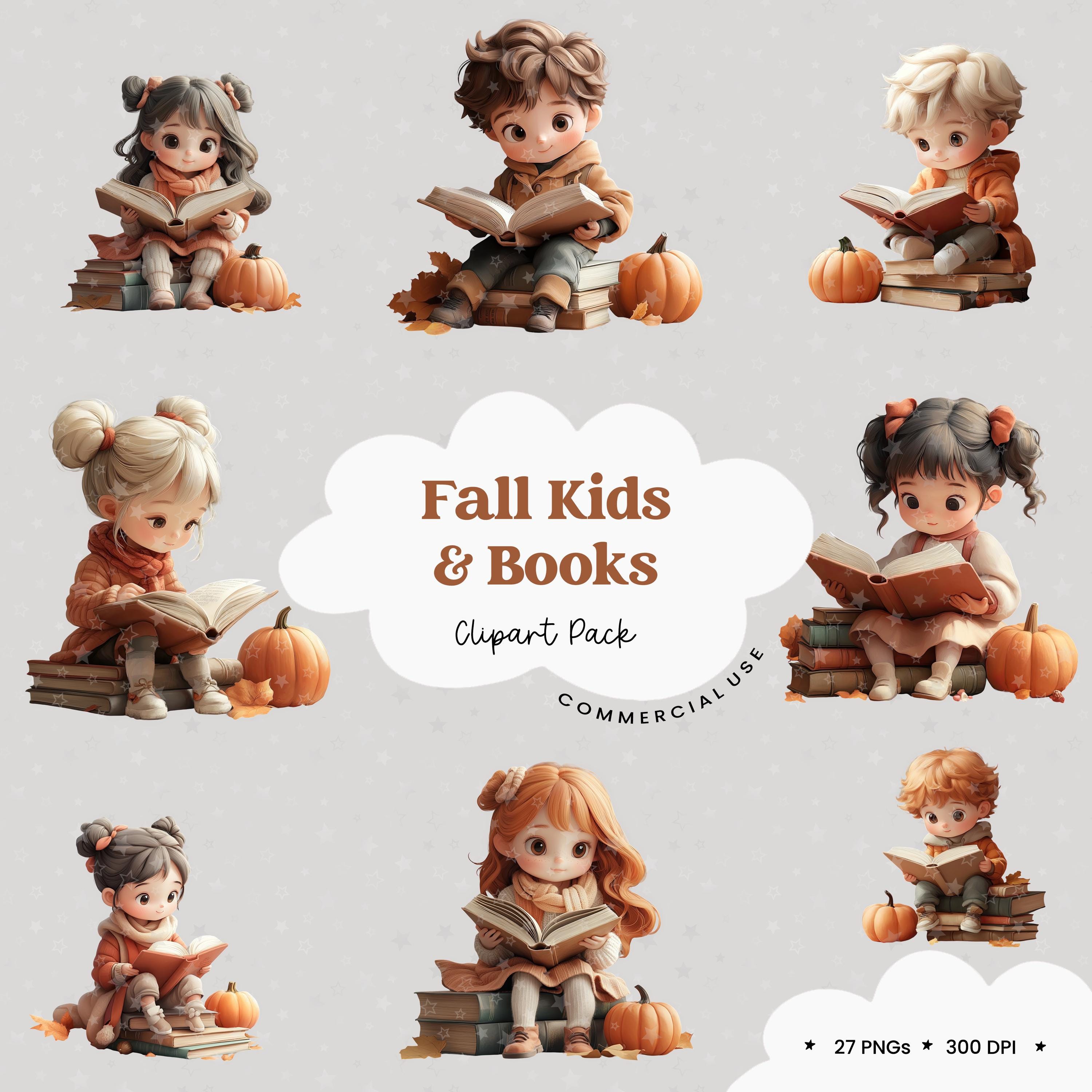 Fall Cute Kids & Books Clipart Images Pngs 300dpi Clip Art PNG, Book ...