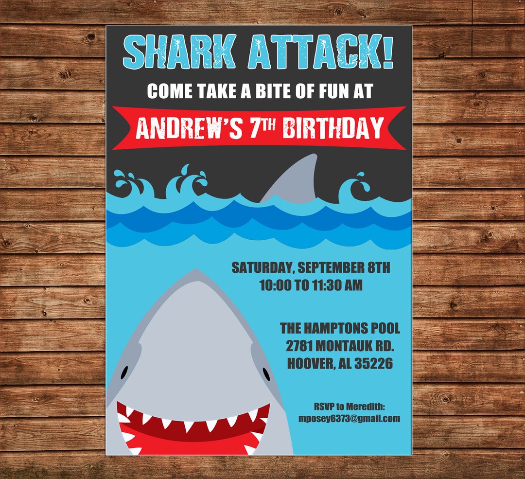 Boy or Girl Invitation Shark Attack Pool Beach Birthday Party Can ...