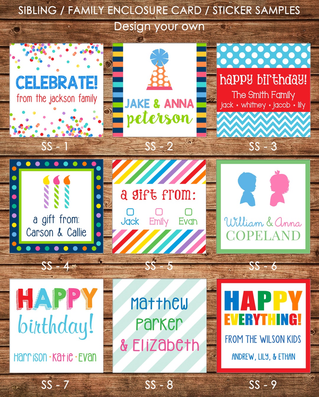 24 Square Personalized Sibling Family Kids Enclosure Cards, Gift ...