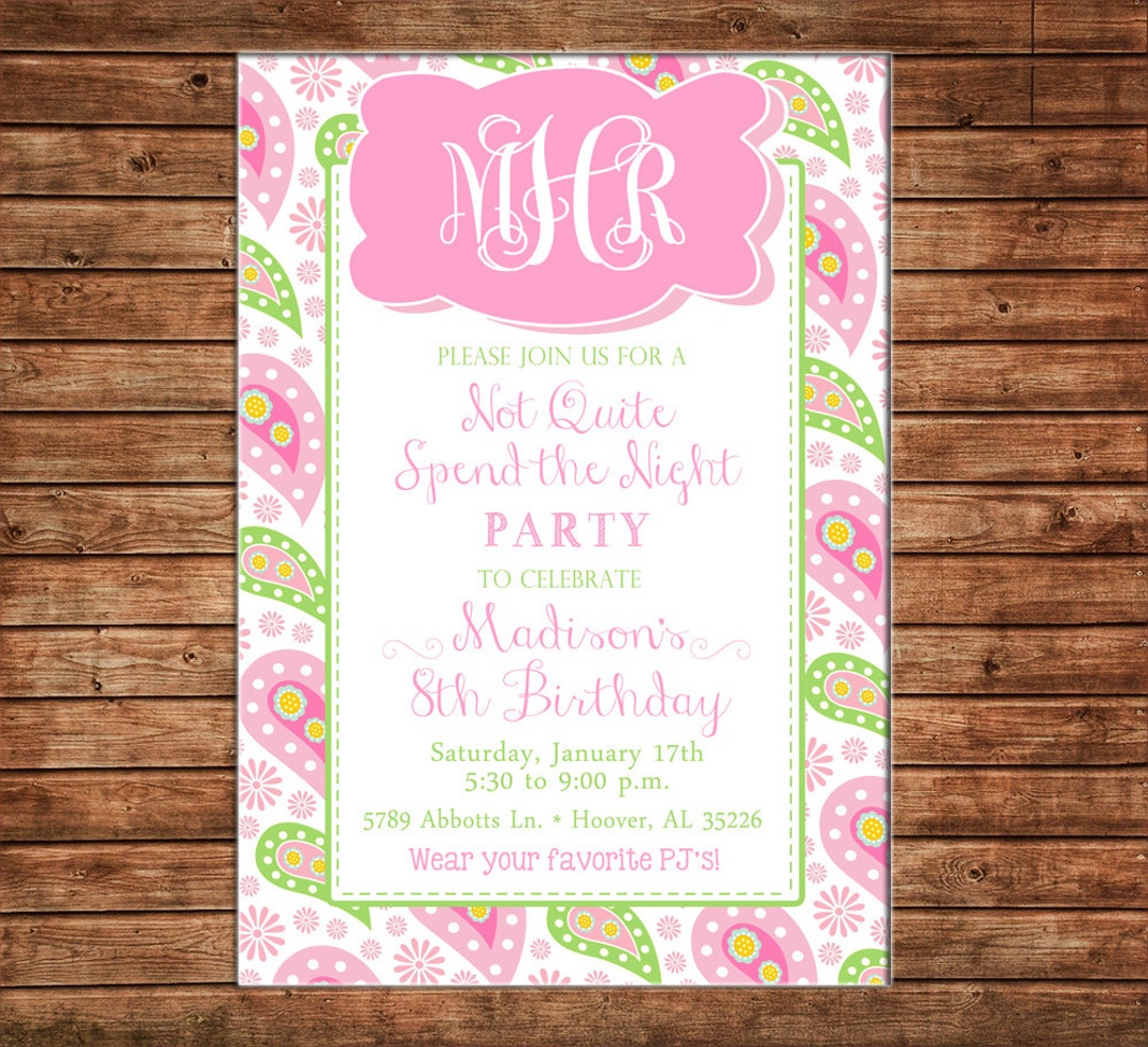 Girl Invitation Preppy Paisley Monogram Sleepover Birthday Party - Can ...