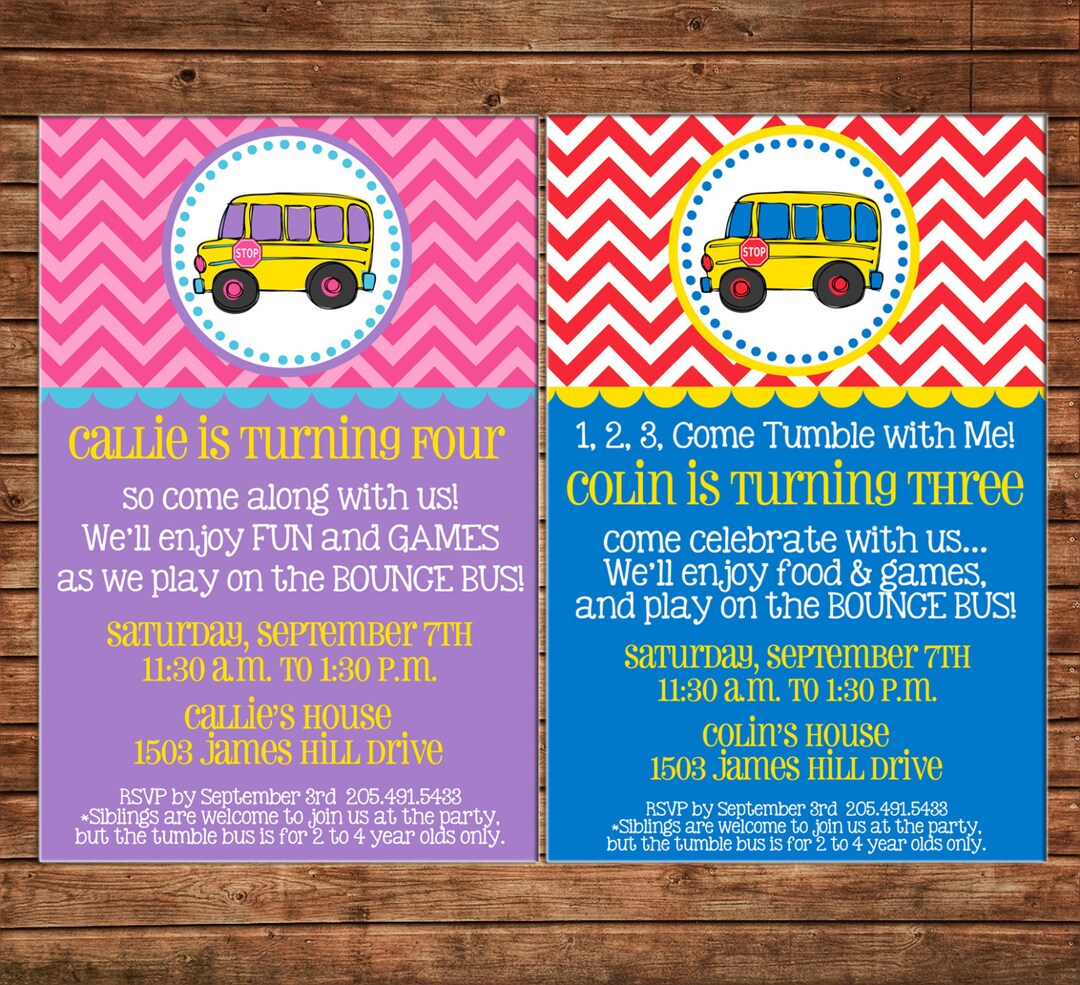 Boy or Girl Invitation Bus Birthday Party - Can Personalize Colors ...