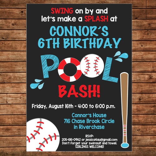 Baseball Birthday Invitation Pool Party Editable Baseball | Etsy