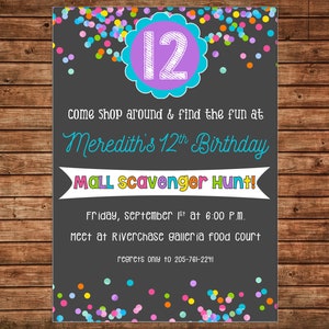 Girl Invitation Mall Shopping Scavenger Hunt Birthday Party - Can Personalize Colors /wording ...