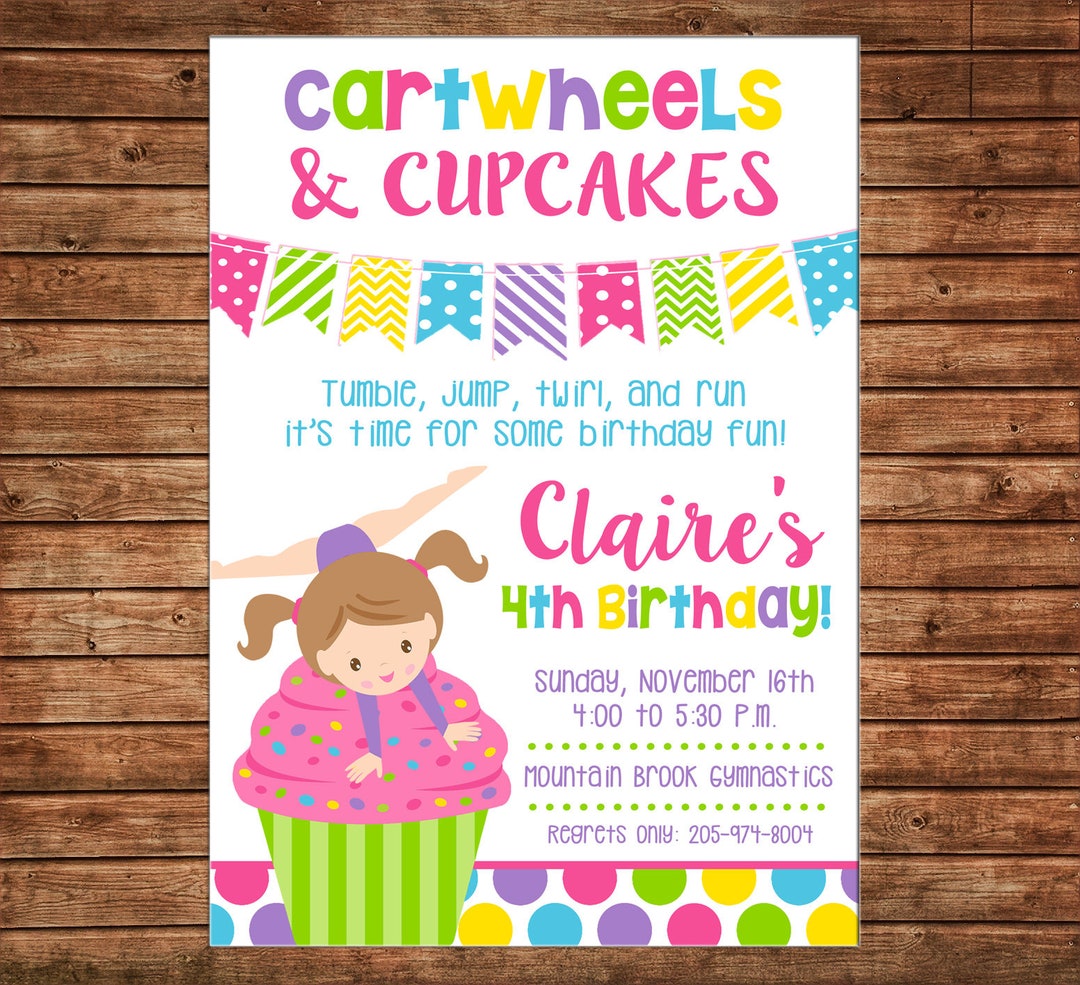 Girl Invitation Gymnastics Cartwheels and Cupcakes Birthday Party - Can ...