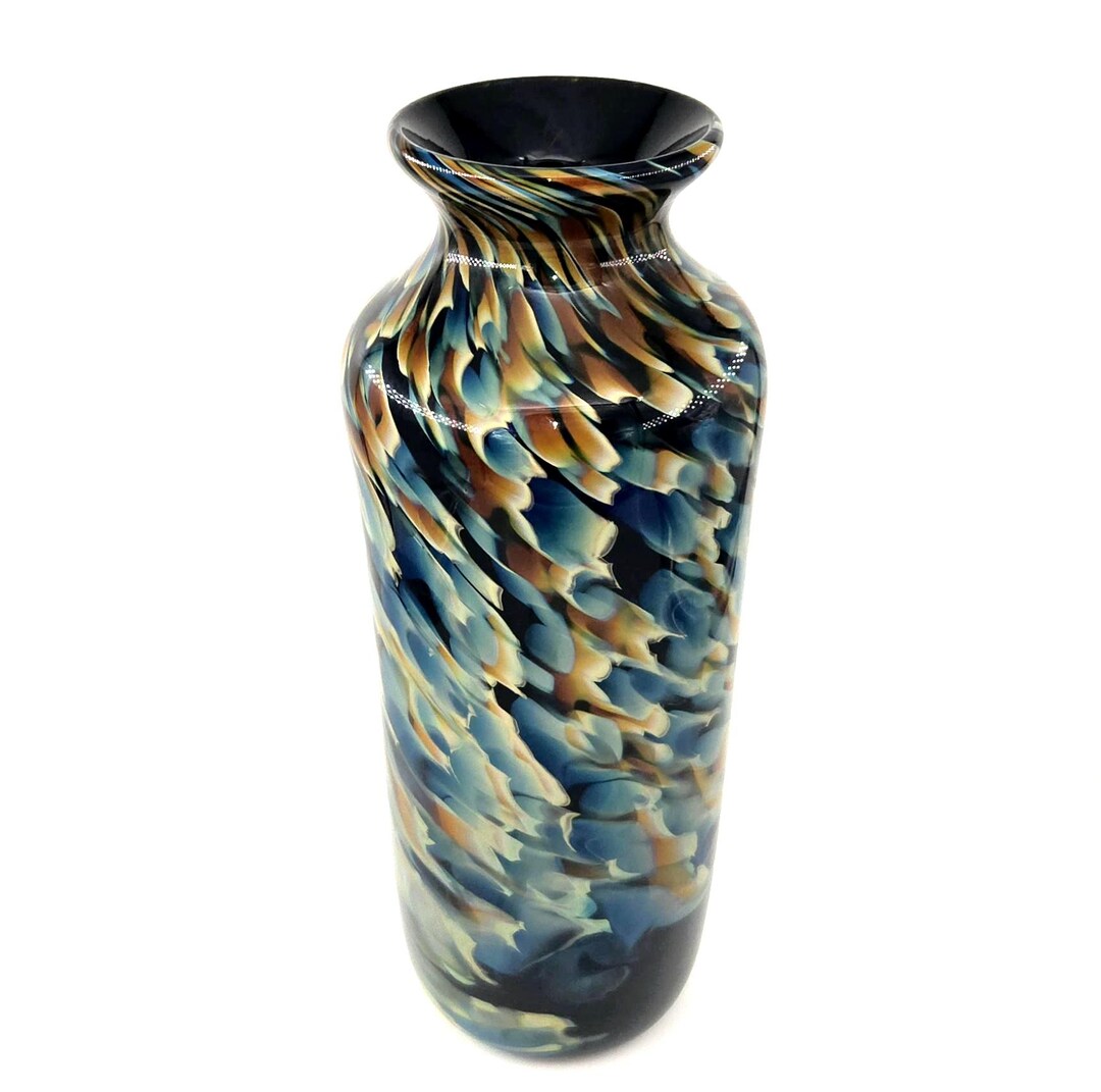 Signed Artisan Blown Glass Studio Art Vase Swirled in Blues, Oranges ...