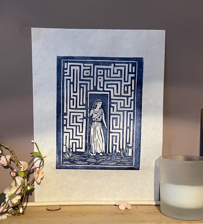 Ariadne by the Labyrinth - Greek Mythos Lino Print - Etsy