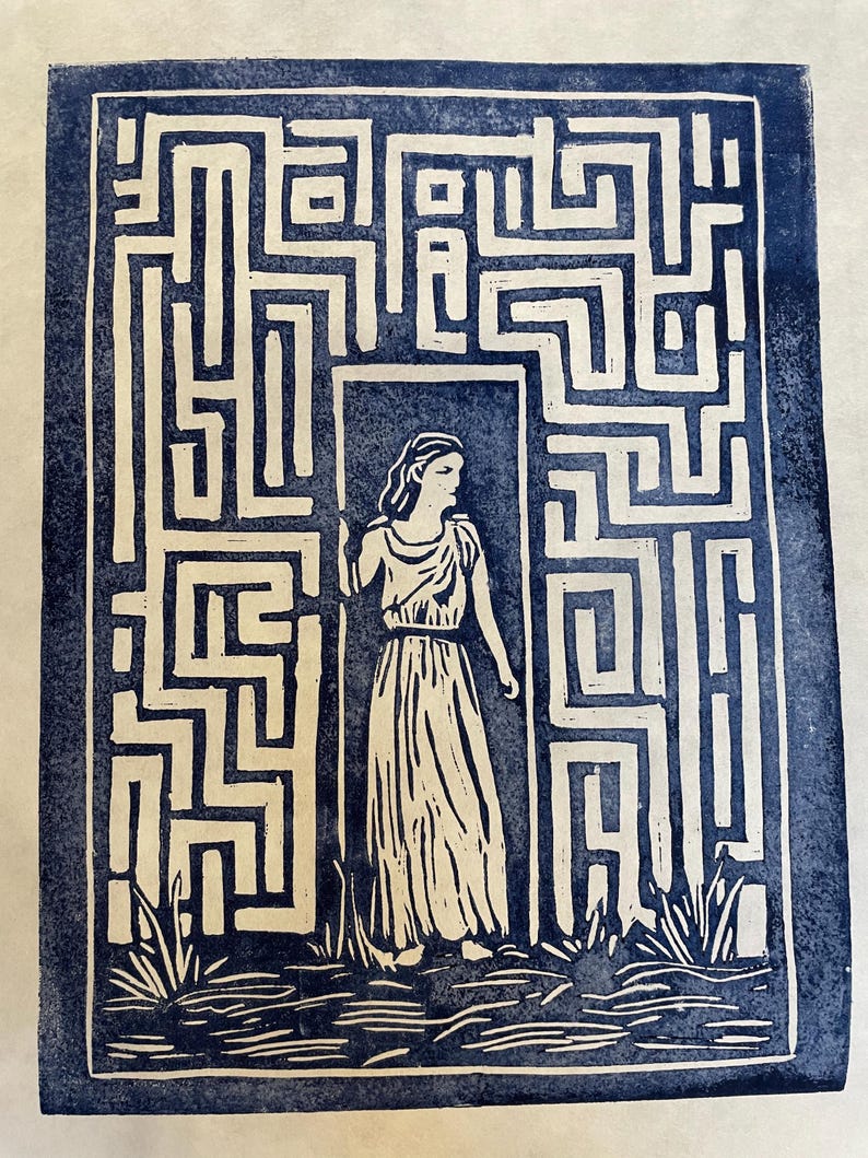 Ariadne by the Labyrinth - Greek Mythos Lino Print - Etsy