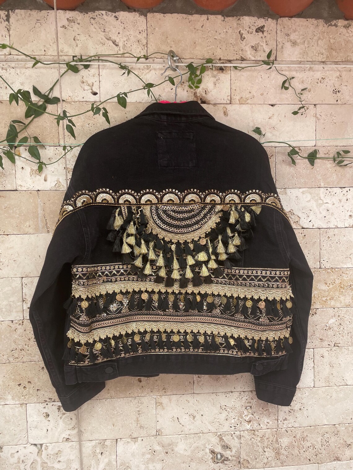 Hand Embroidered Black Denim Jacket With Gold Tassels and Tribal Boho ...