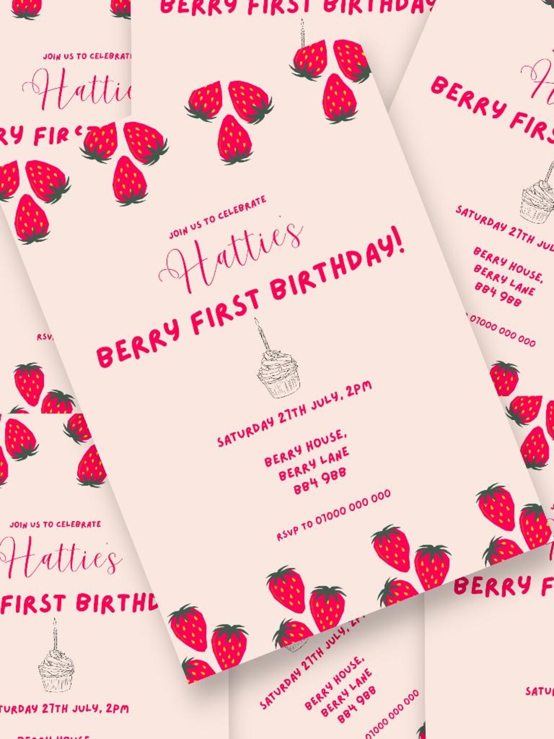 Editable Berry First Birthday Invitation, Strawberry Birthday Invite ...