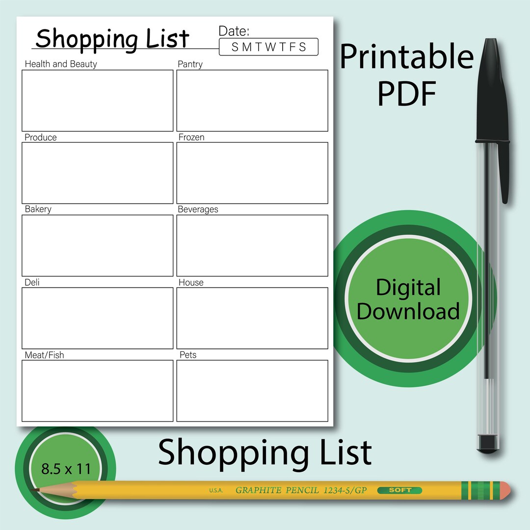 Printable Shopping List, Fillable PDF, Digital Download, Grocery List ...