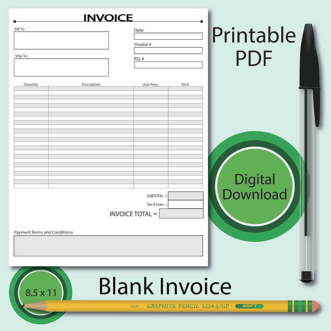 Blank Invoice PDF, Digital Download, Fillable, Editable, Invoice Format ...