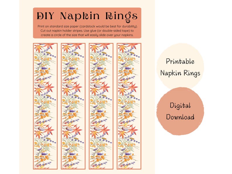 Printable Autumn Floral Napkin Rings Digital Download Fall Leaf ...