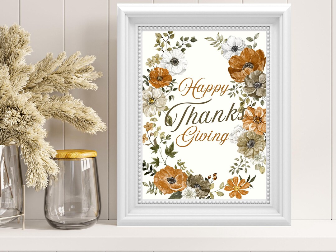 Printable Happy Thanksgiving Sign Digital Download Autumn Flower Wreath ...