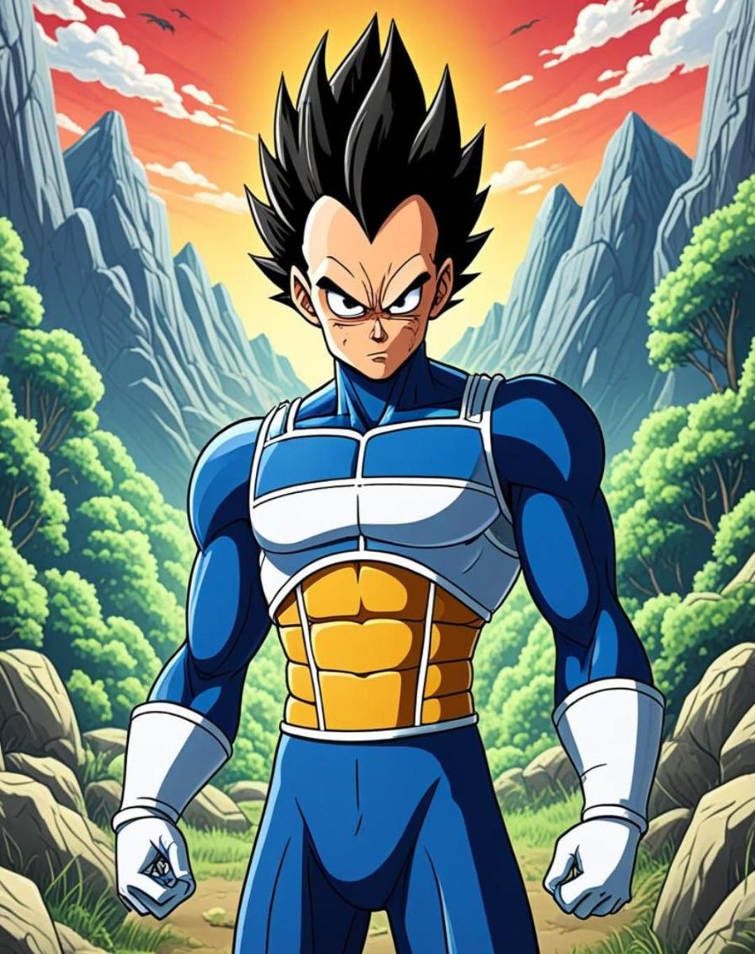 Vegeta in Base State Saiyan Warrior in Mountainous Landscape at Sunset ...