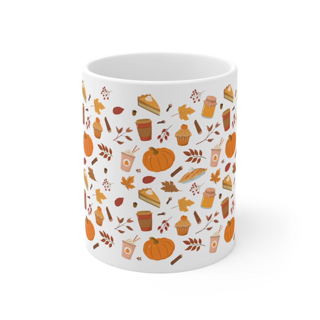 Cozy Thanksgiving Fall Coffee Mug - Pumpkin, Pie and Leaves Design for ...