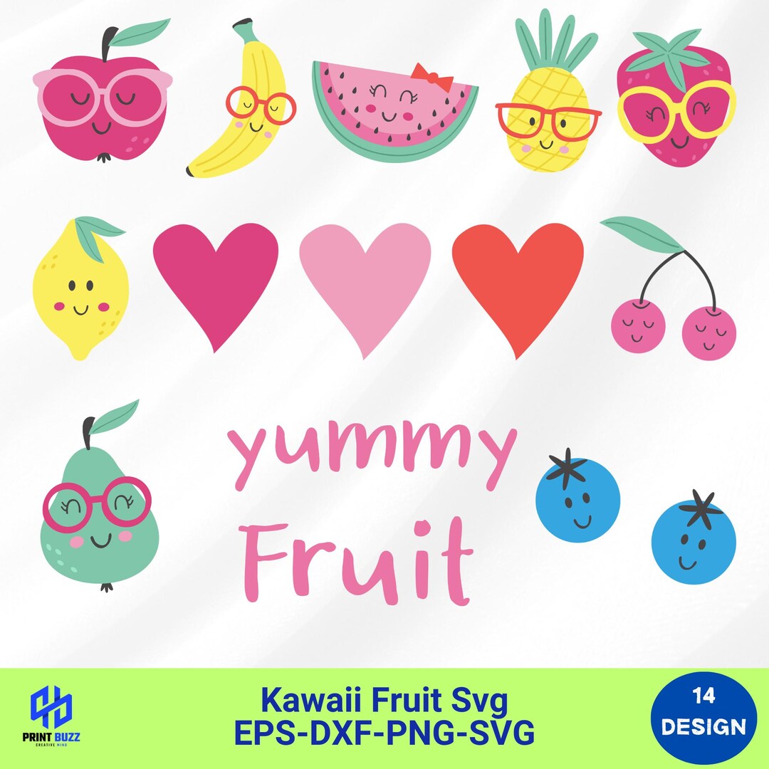 Cute Fruit Clipart Kawaii Fruit SVG 14 Design Watermelon Svg Banana Svg ...