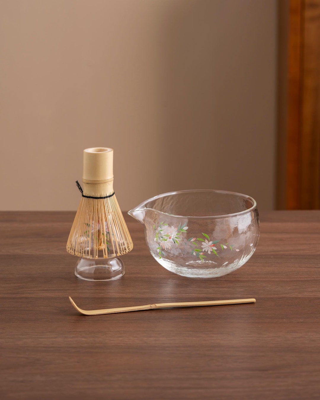 Hand-painted Floral Glass Matcha Bowl With Bamboo Whisk and Chasen ...