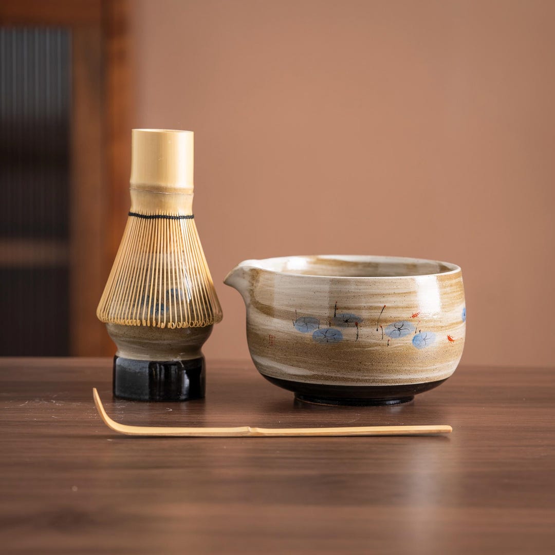 Hand-painted Lotus Fish Ceramic Matcha Bowl Set, Japanese Ceremonial ...