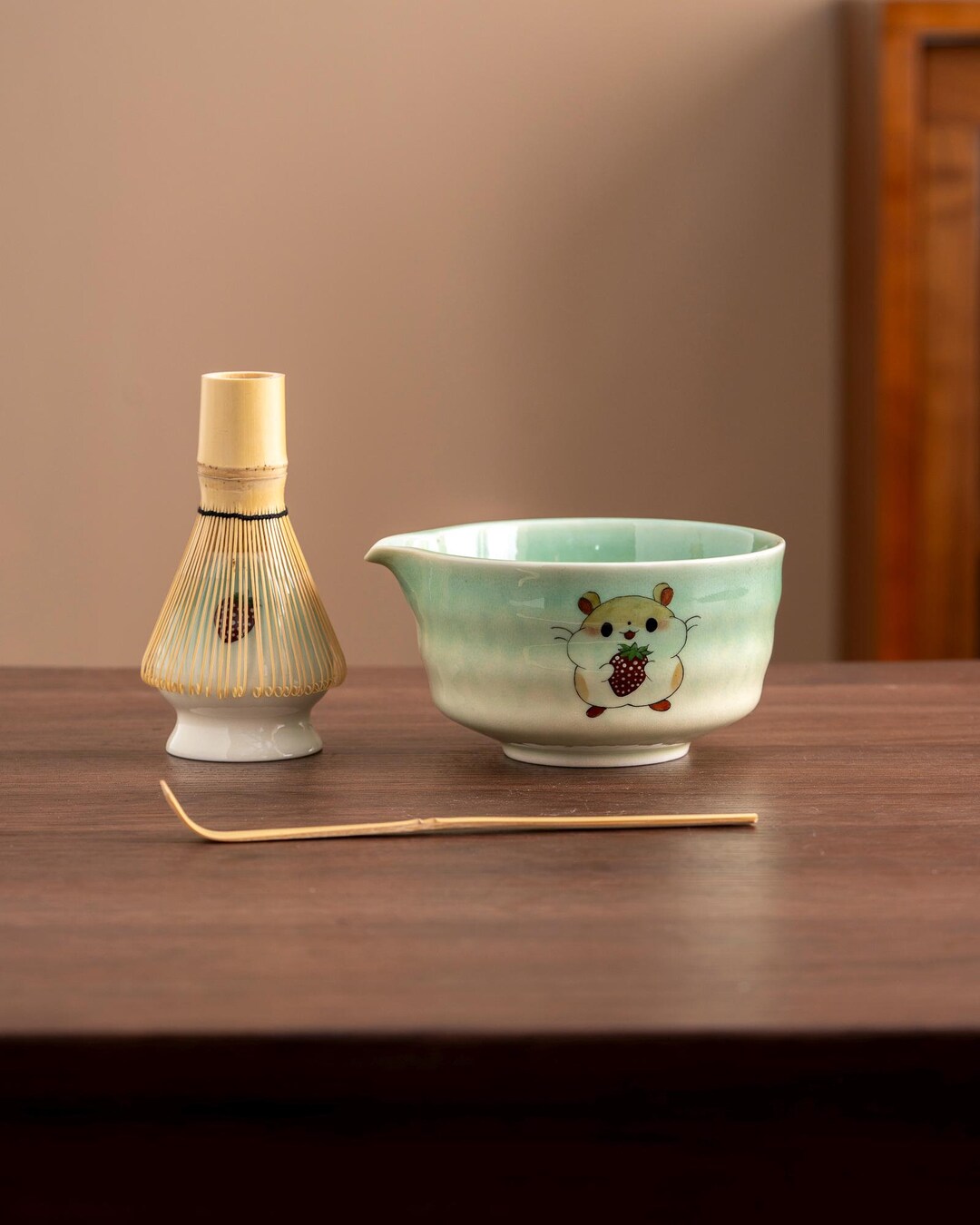 Hand-painted Mouse and Strawberry Ceramic Matcha Bowl With Bamboo Whisk ...