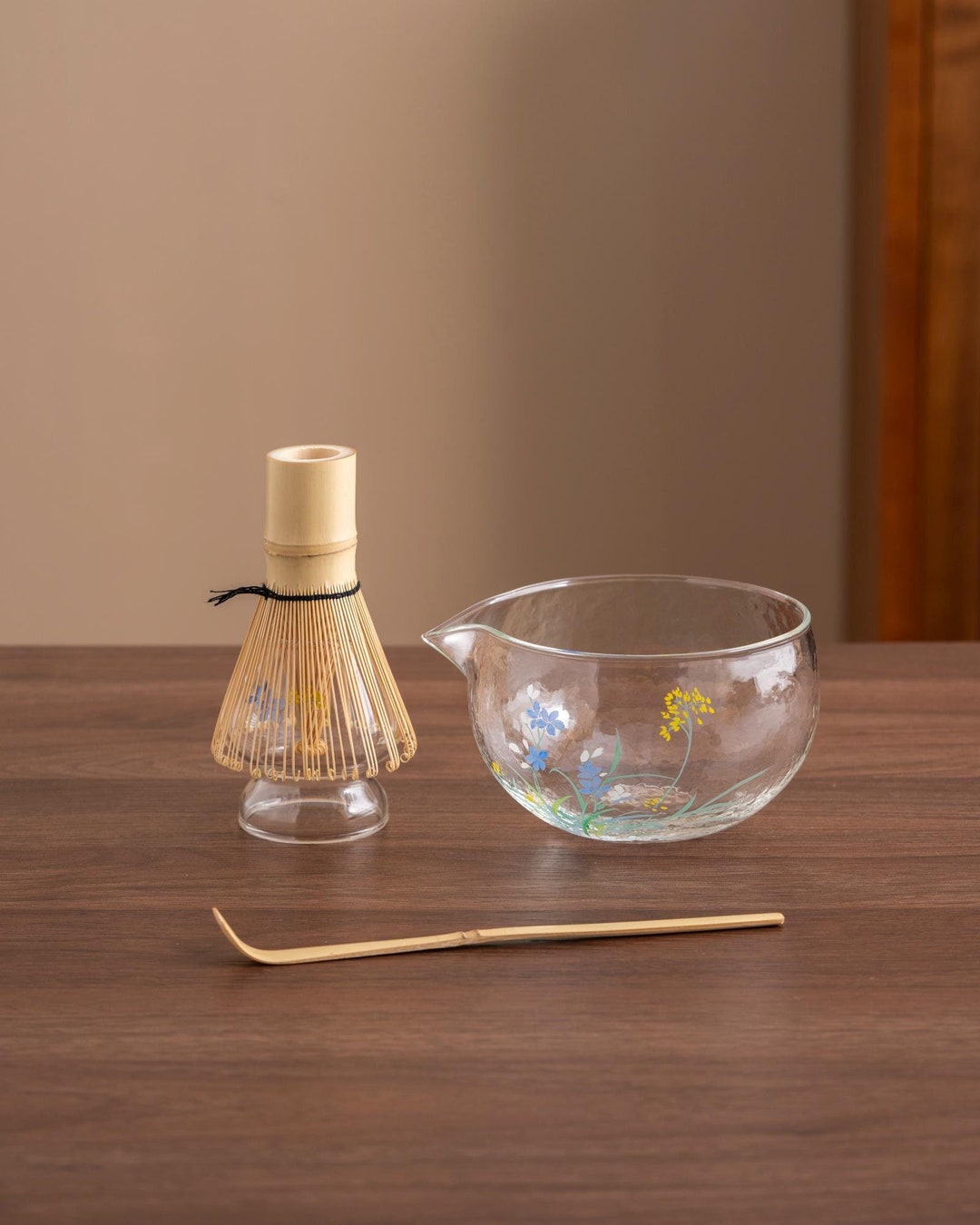 Hand-painted Flower Glass Matcha Bowl With Bamboo Whisk and Chasen ...