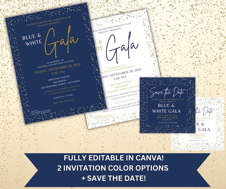 Gala/fundraiser Invite + Save the Date- FULLY Editable in CANVA Blue ...