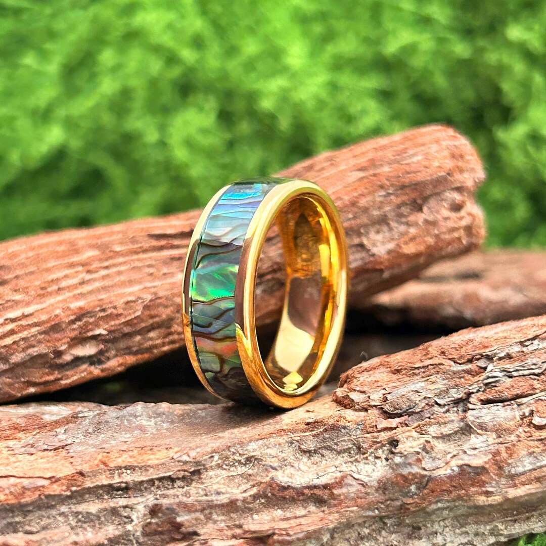 Abalone Shell Tungsten Wedding Ring Yellow Gold Men's Women's Wedding Band Engagement 8 Mm ...