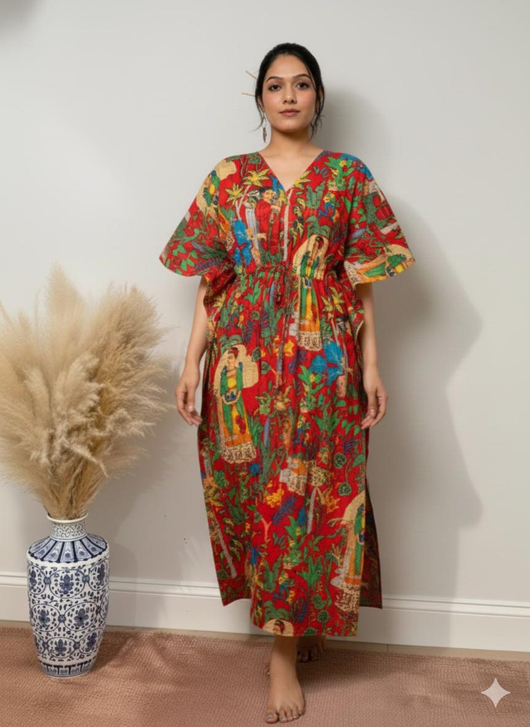 Summer Frida Kahlo Block Printed Kaftan, Cotton Summer Maxi Dress ...