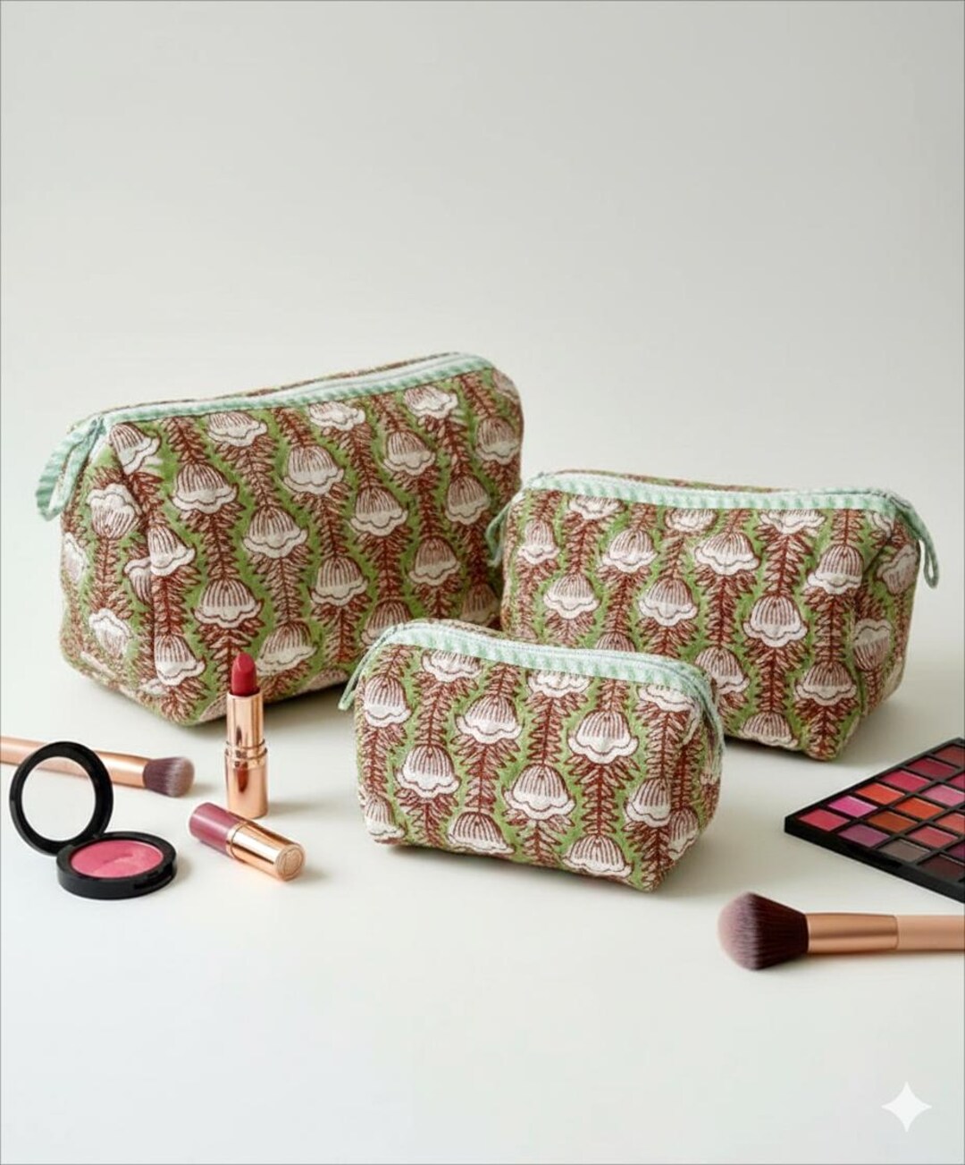 Handmade Quilted Makeup Organizer Set | Hand Block Printed Toiletry Bag ...