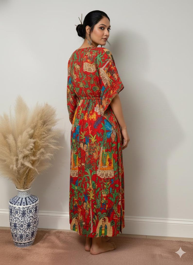 Summer Frida Kahlo Block Printed Kaftan, Cotton Summer Maxi Dress ...