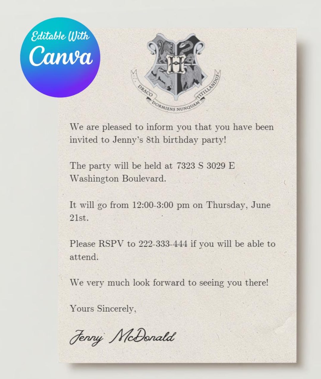Harry Potter Letter to Hogwarts Birthday Invite Template-customizable ...