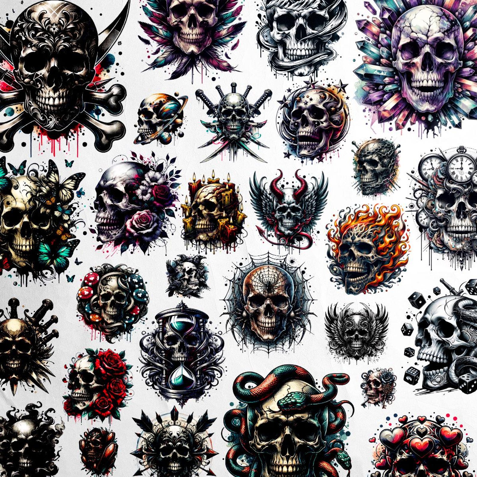 Skull Clipart Pack: 50 Unique Skull Designs With Roses, Snakes, Wings ...