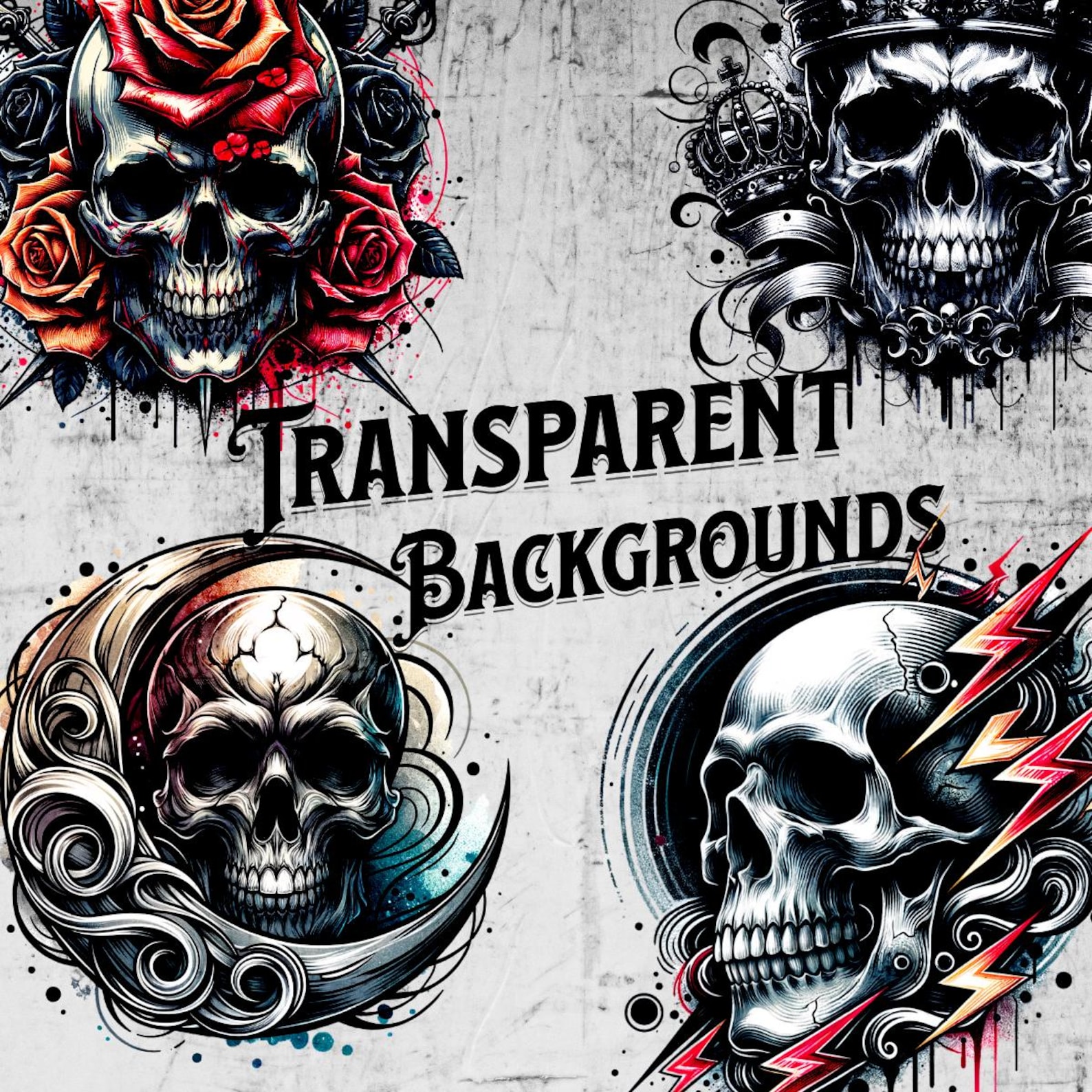 Skull Clipart Pack: 50 Unique Skull Designs With Roses, Snakes, Wings ...