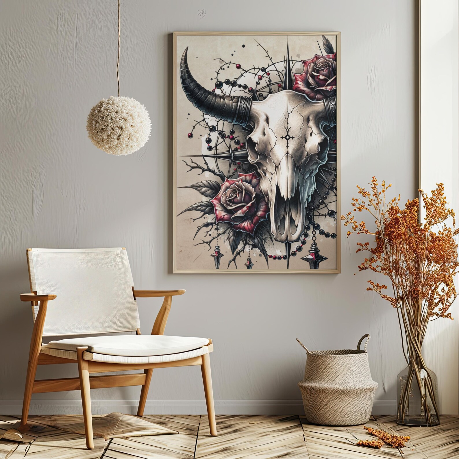 Western Cow Skull Clipart With Bold Roses and Hanging Beads, Edgy High ...