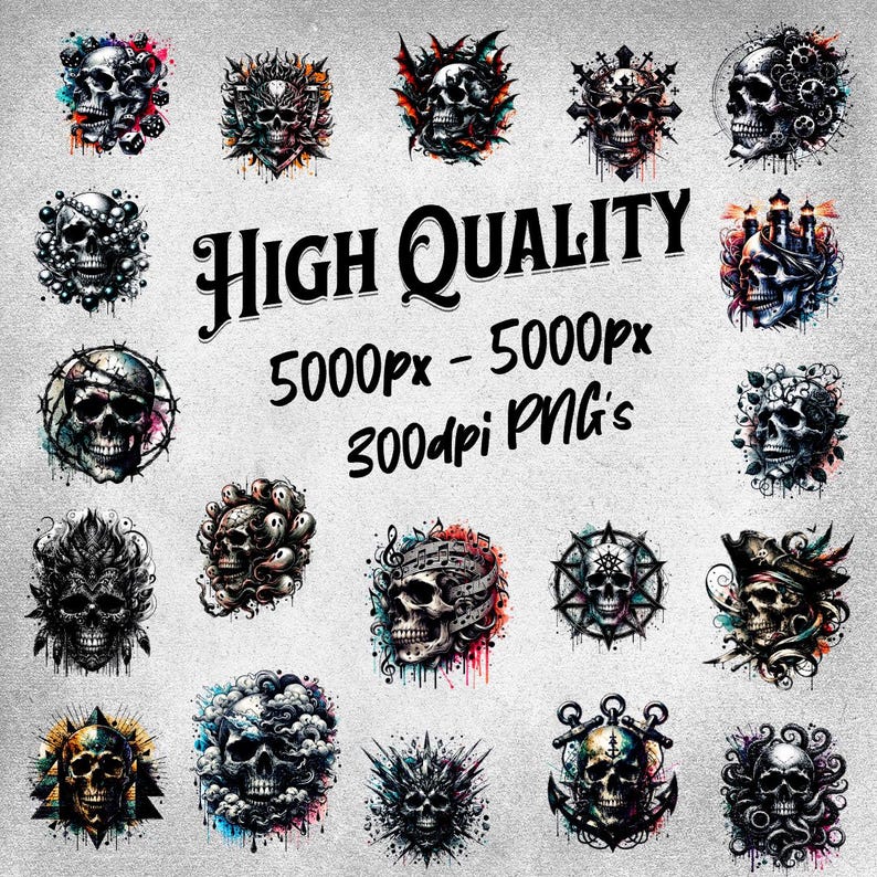 Skull Clipart Pack: 50 Unique Skull Designs With Roses, Snakes, Wings ...