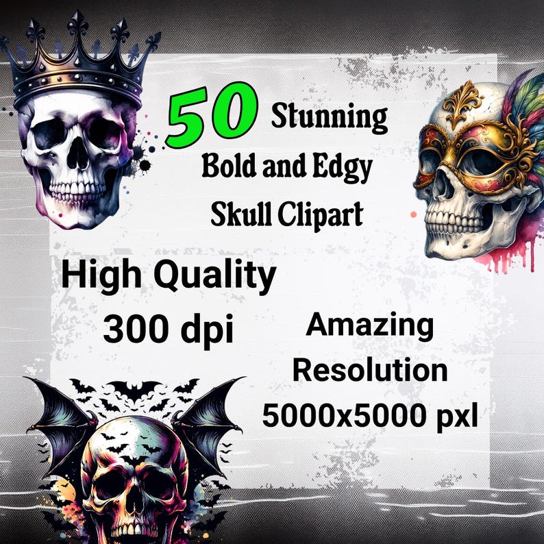 Watercolor Skull Clipart Pack, Bold Transparent Background, Instant ...