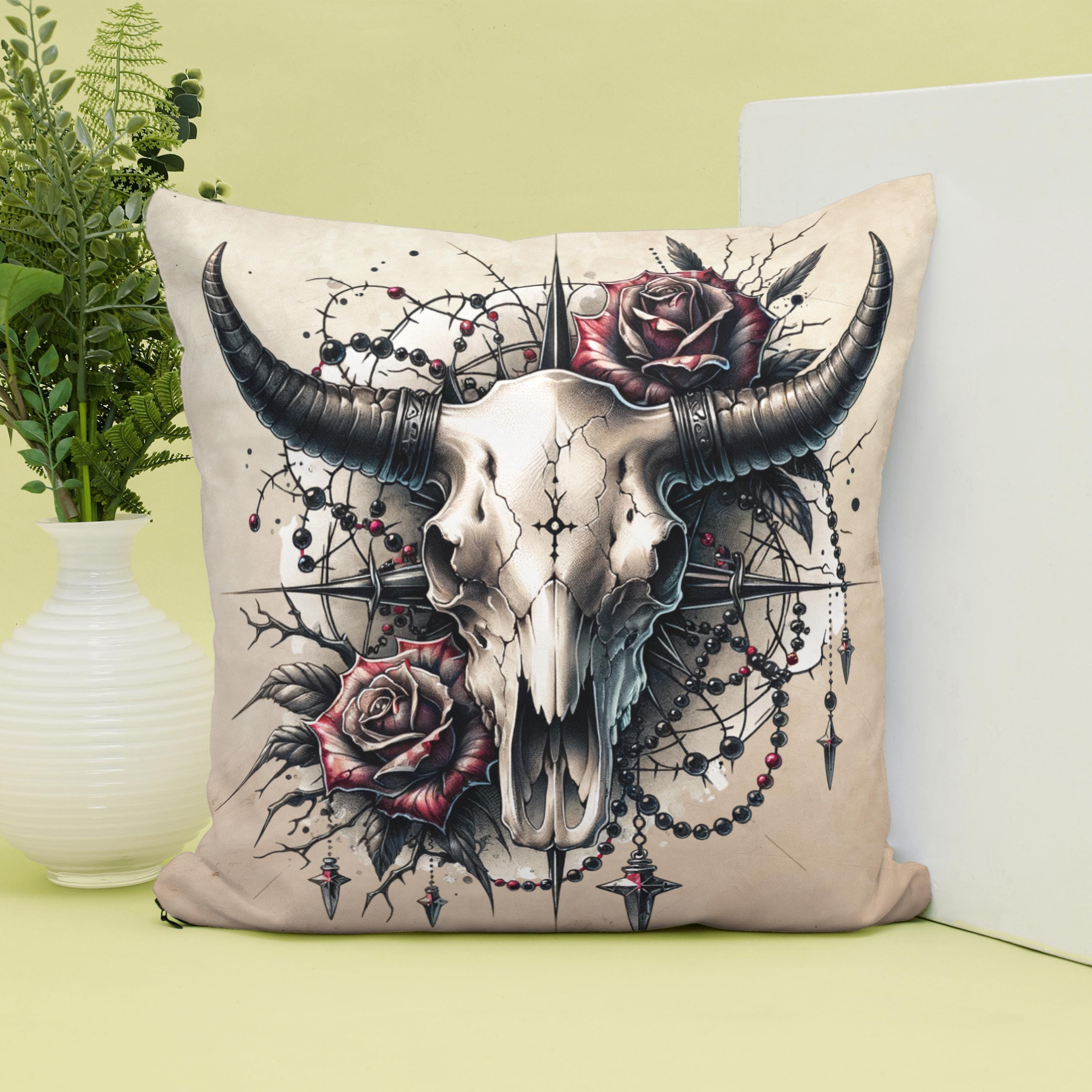 Western Cow Skull Clipart With Bold Roses and Hanging Beads, Edgy High ...