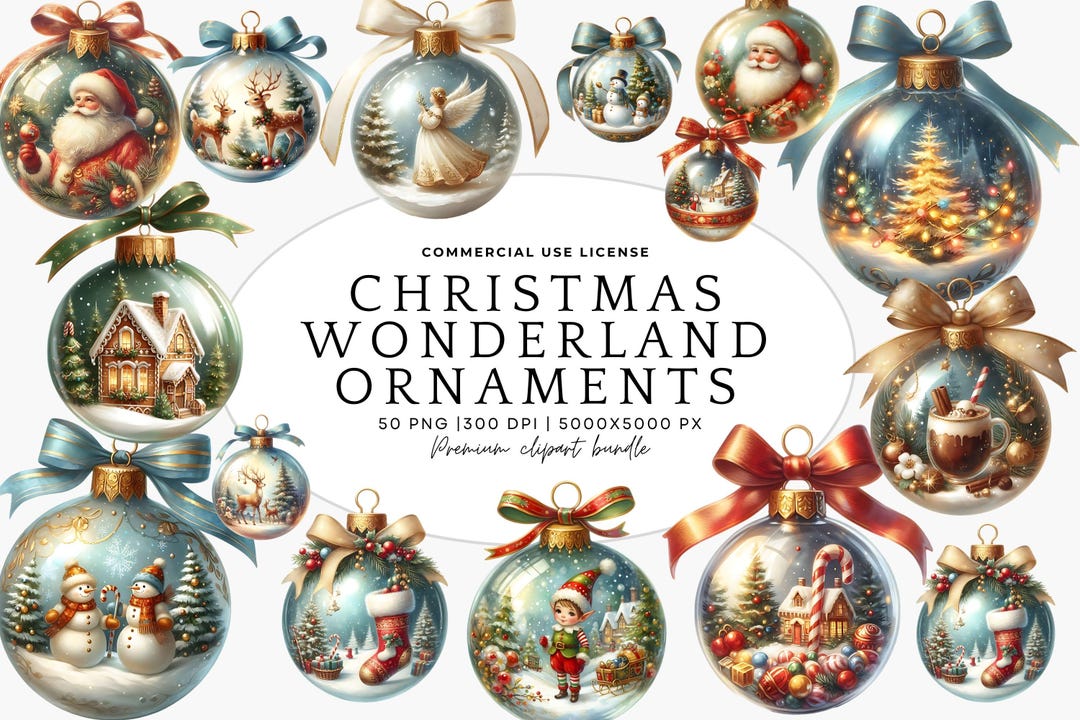 Vintage Christmas Ornament Clipart Bundle | 50 PNG Glass Christmas ...