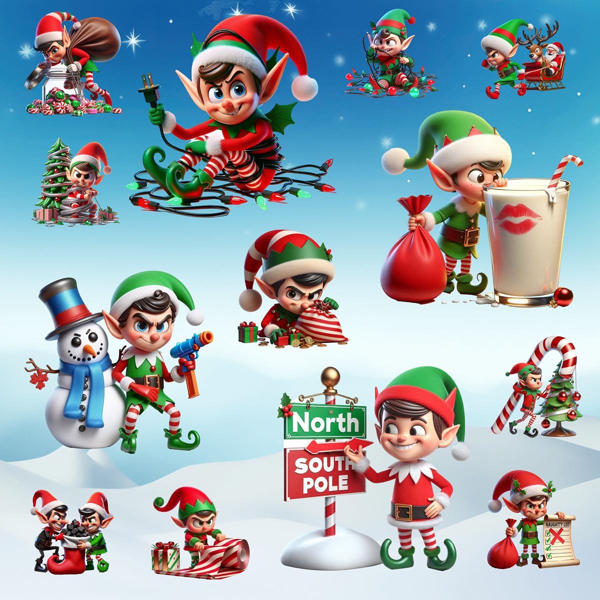 25 Naughty Christmas Elves Clipart Pack - 300 DPI High-resolution ...